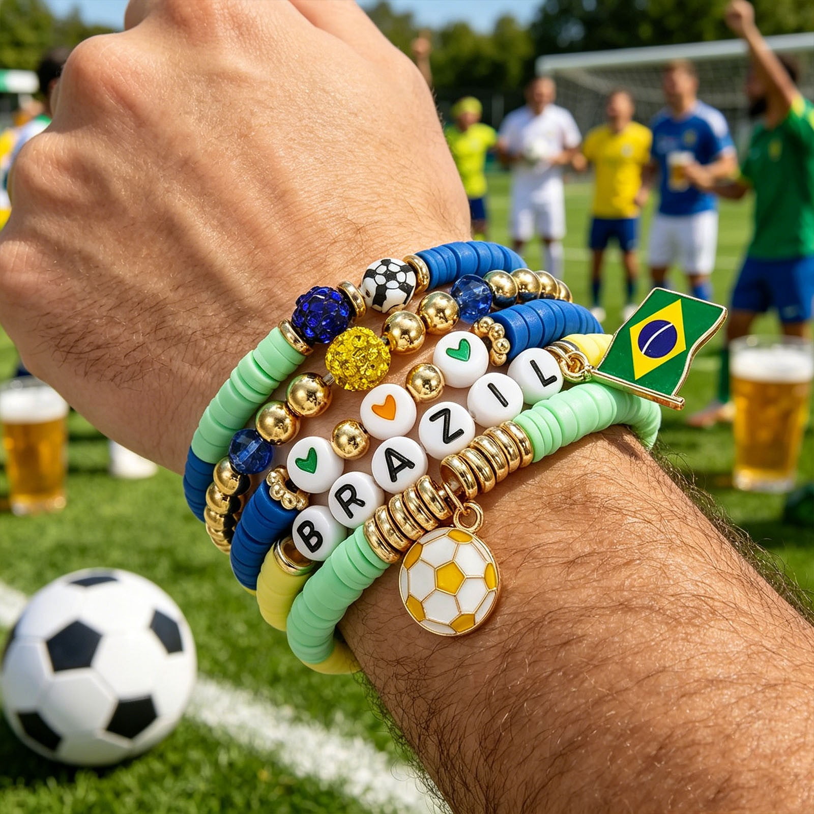 Brazil Soccer Fan Beaded Bracelet Stack, Multi-Layer Flag & Football ...
