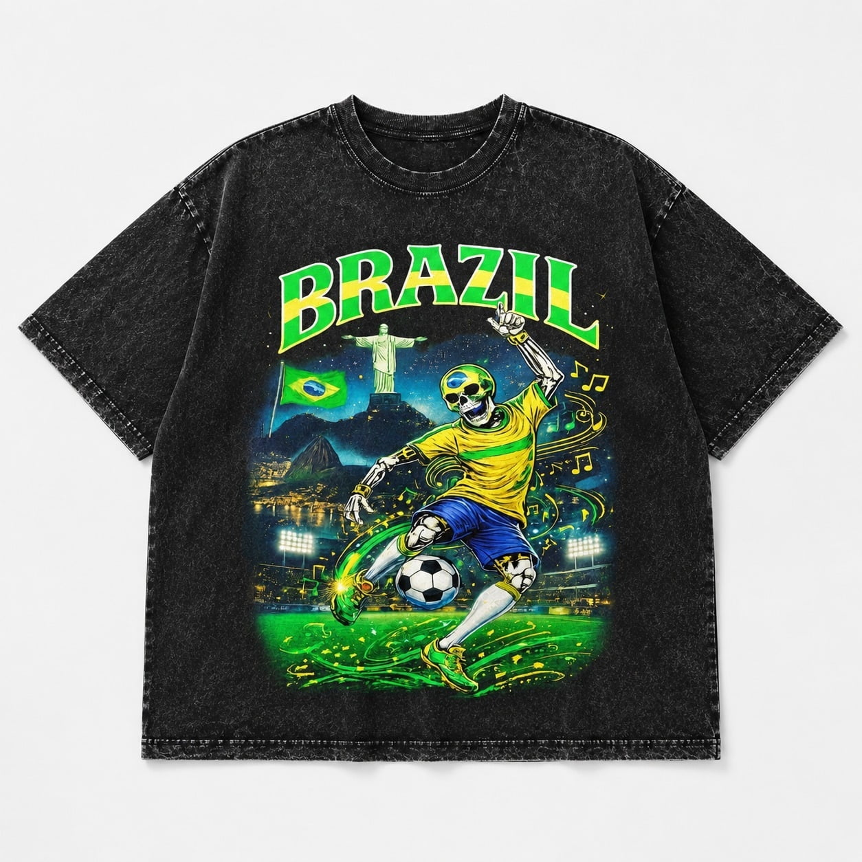 Brazil Soccer Skeleton Graphic T-Shirt, Mineral Wash Cotton Unisex Game ...