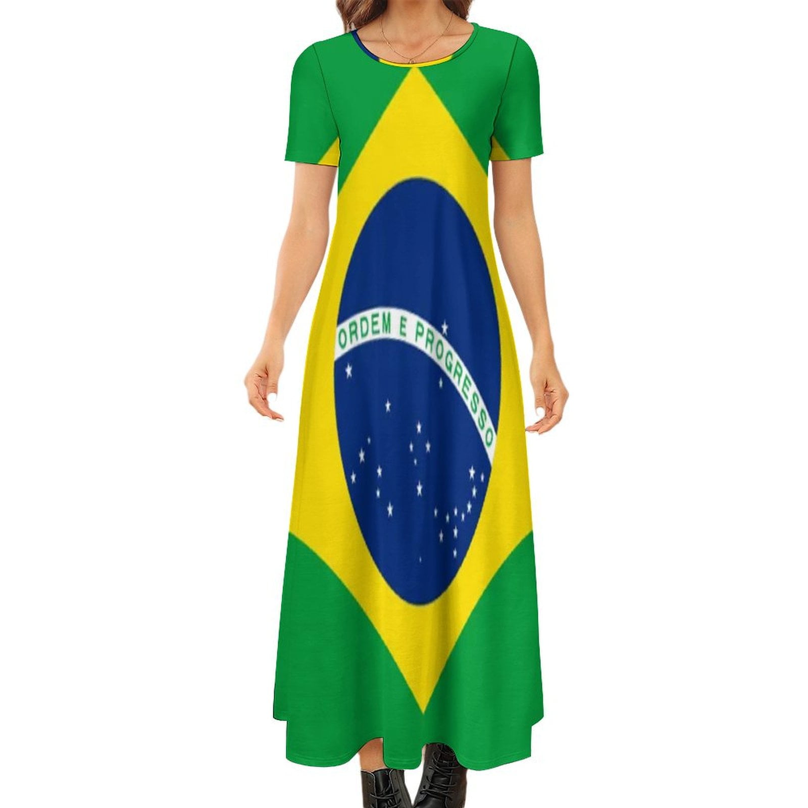 Brazilian Flag Maxi Dress for Women Crew Neck Beach Dress Short Sleeve ...