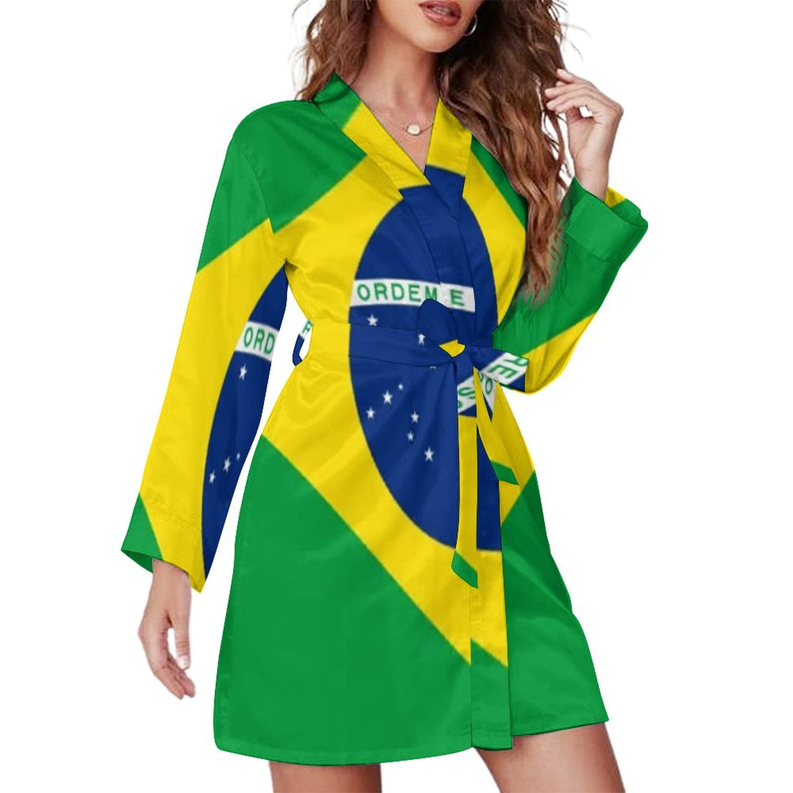 Brazilian Flag Night Robe Long Sleeve V Neck Robe With Belt Women's ...