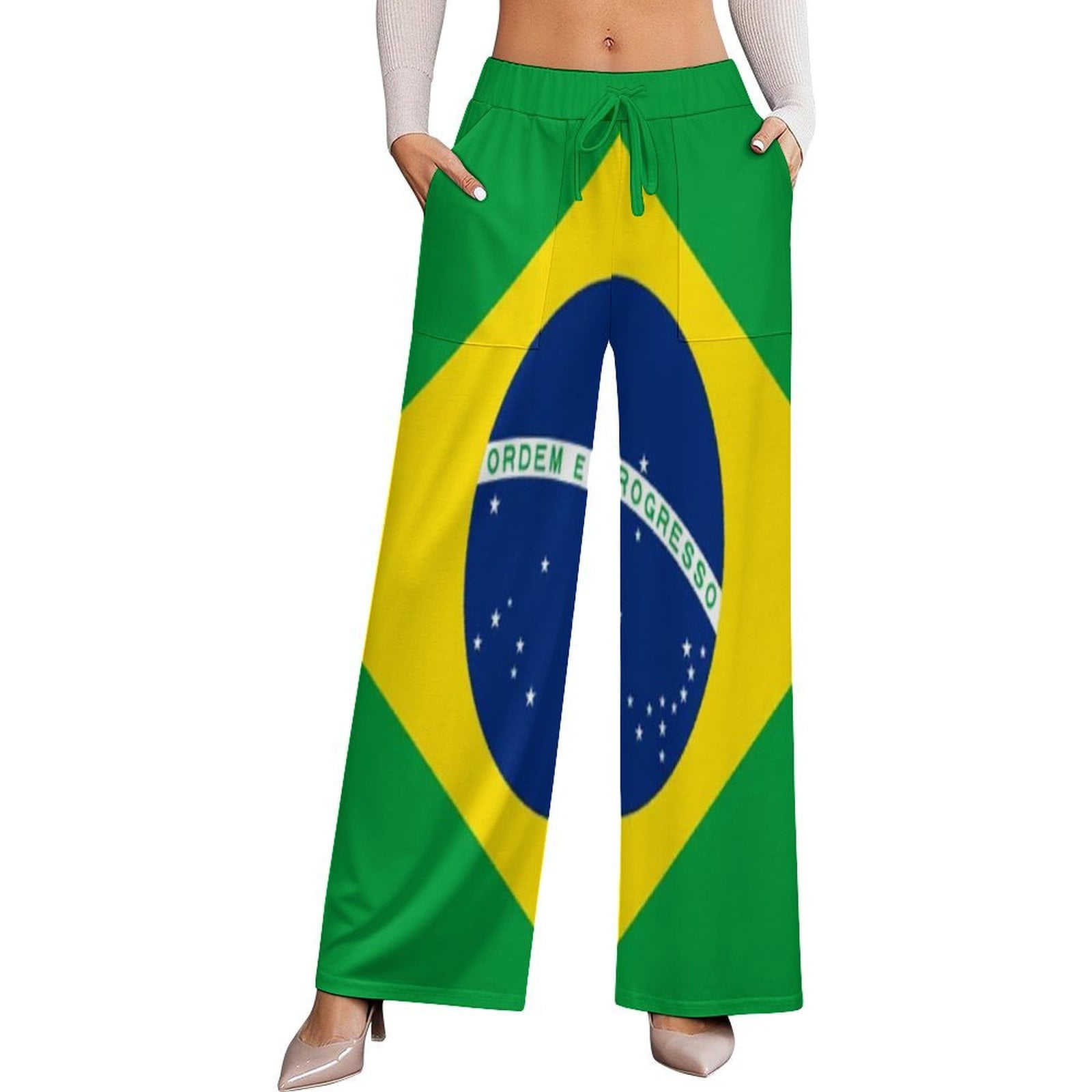 Brazilian Flag Women's Casual Wide Leg Pants Comfort Pockets Elastic ...