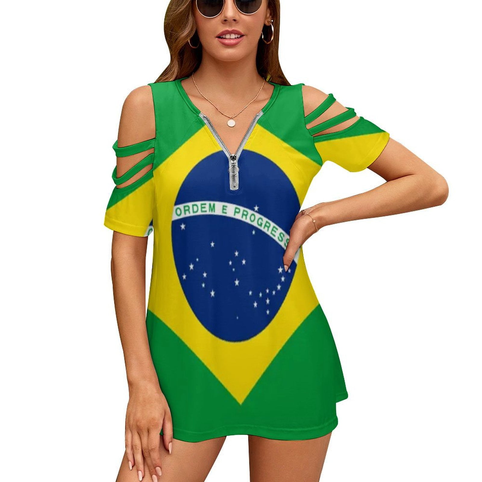 Brazilian Flag Womens Summer V Neck Zipper Top Short Sleeve T Shirt Off ...