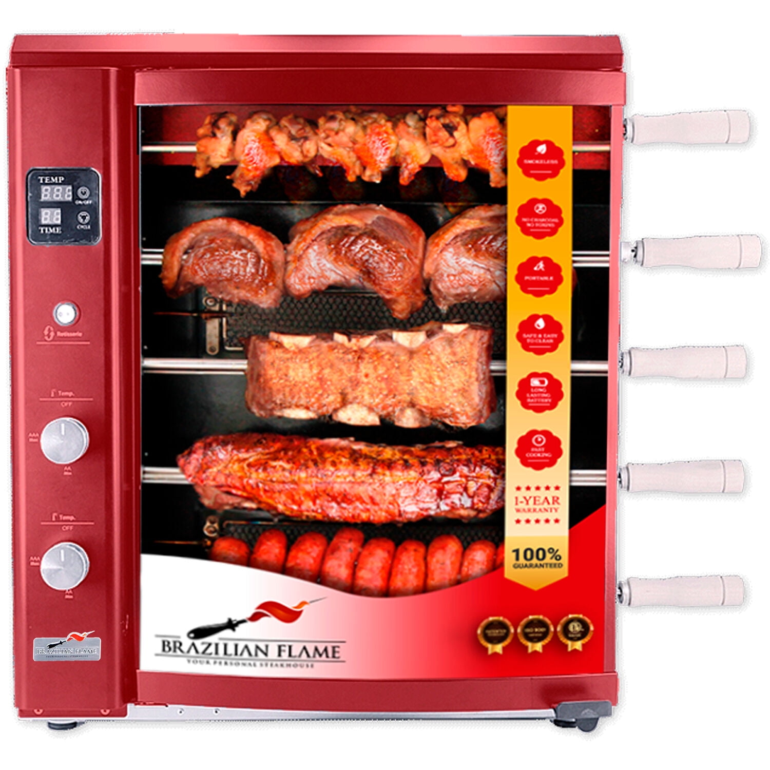 Brazilian Flame Brazilian Gas Rotisserie Grill with 5 Skewers in Red ...