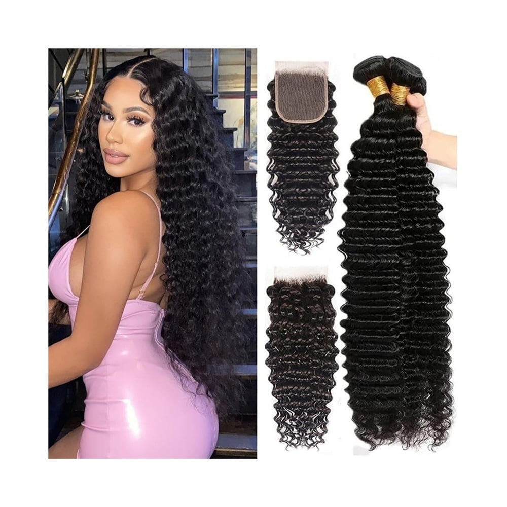 Brazilian Hair Deep Wave 3 Bundles with Closure Curly Remy Human Hair ...