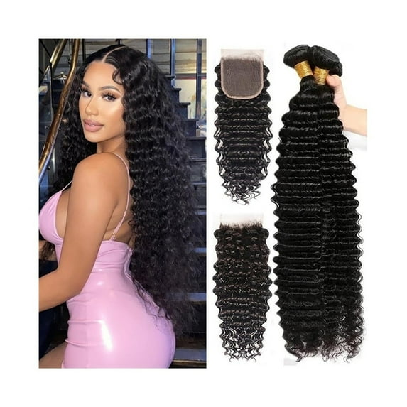 Brazilian Hair Deep Wave 3 Bundles with Closure Curly Remy Human Hair ...