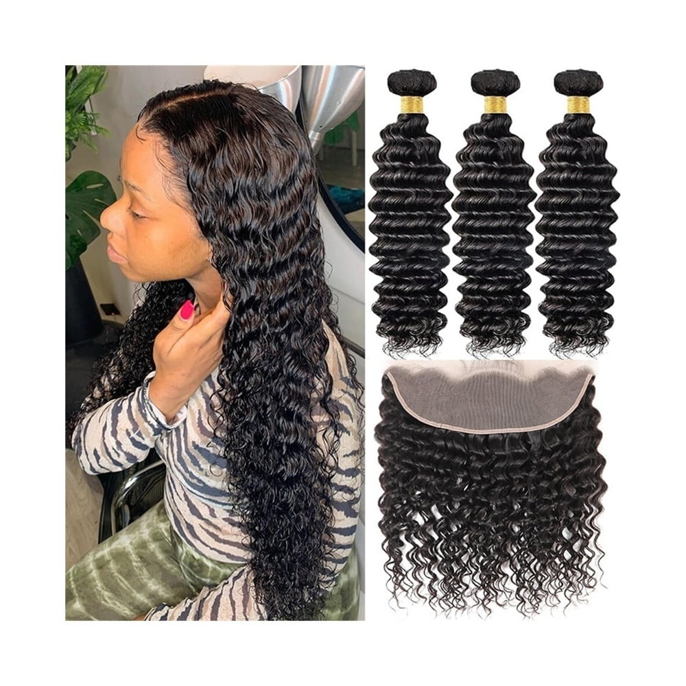 Brazilian Hair Deep Wave Bundles with Frontal, 3 Bundles with 13x4 Free ...