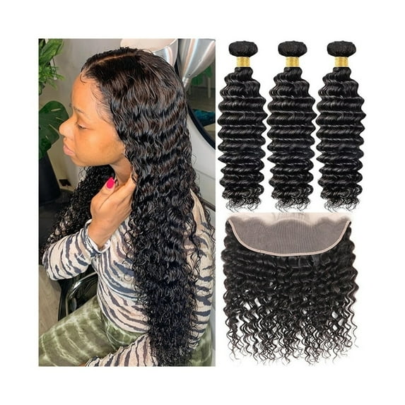 Brazilian Hair Deep Wave Bundles with Frontal, 3 Bundles with 13x4 Free ...