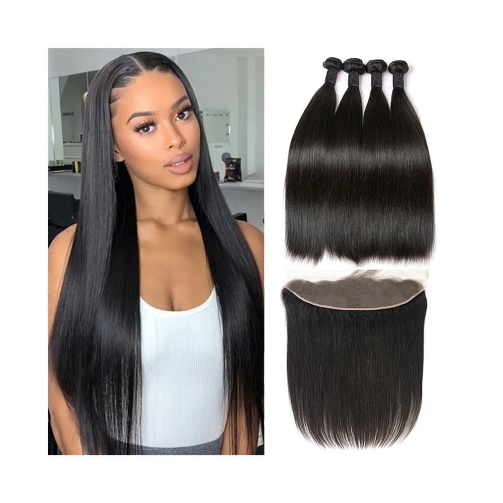 Brazilian Virgin Hair Silky Straight Human Hair Weave Bundles with 13x4 ...