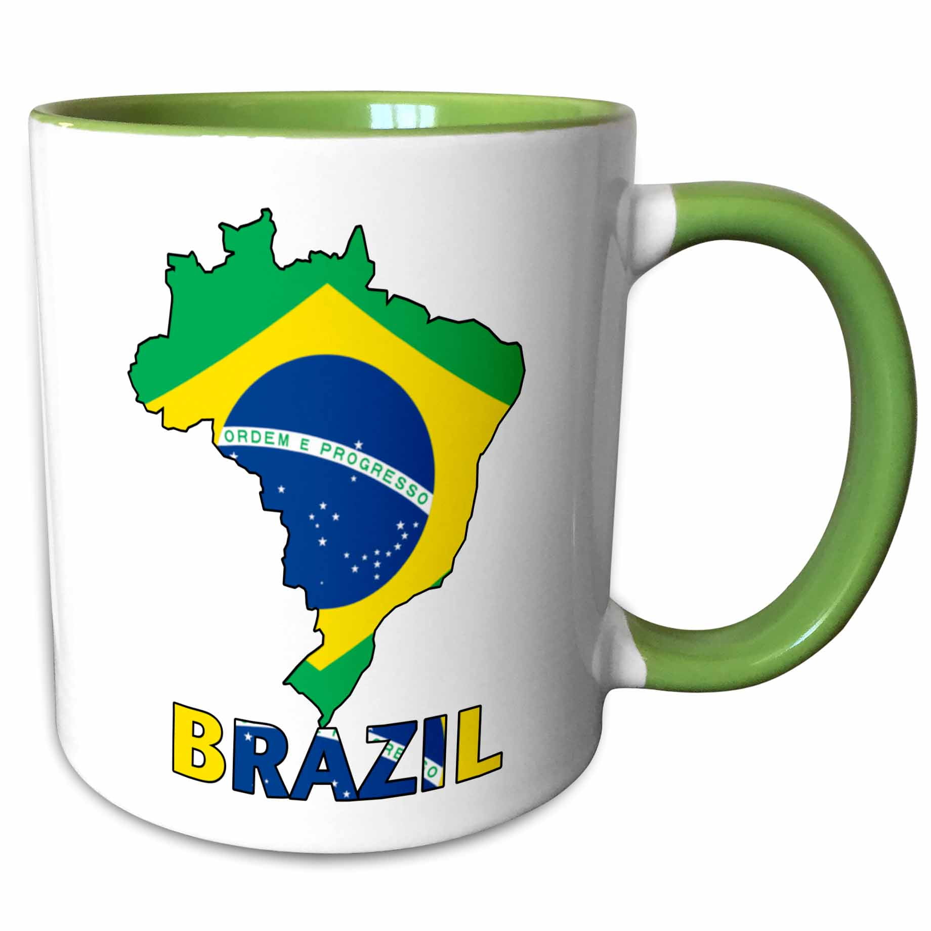 Brazilian flag in the map and letters of Brazil 15oz Two-Tone Green Mug ...