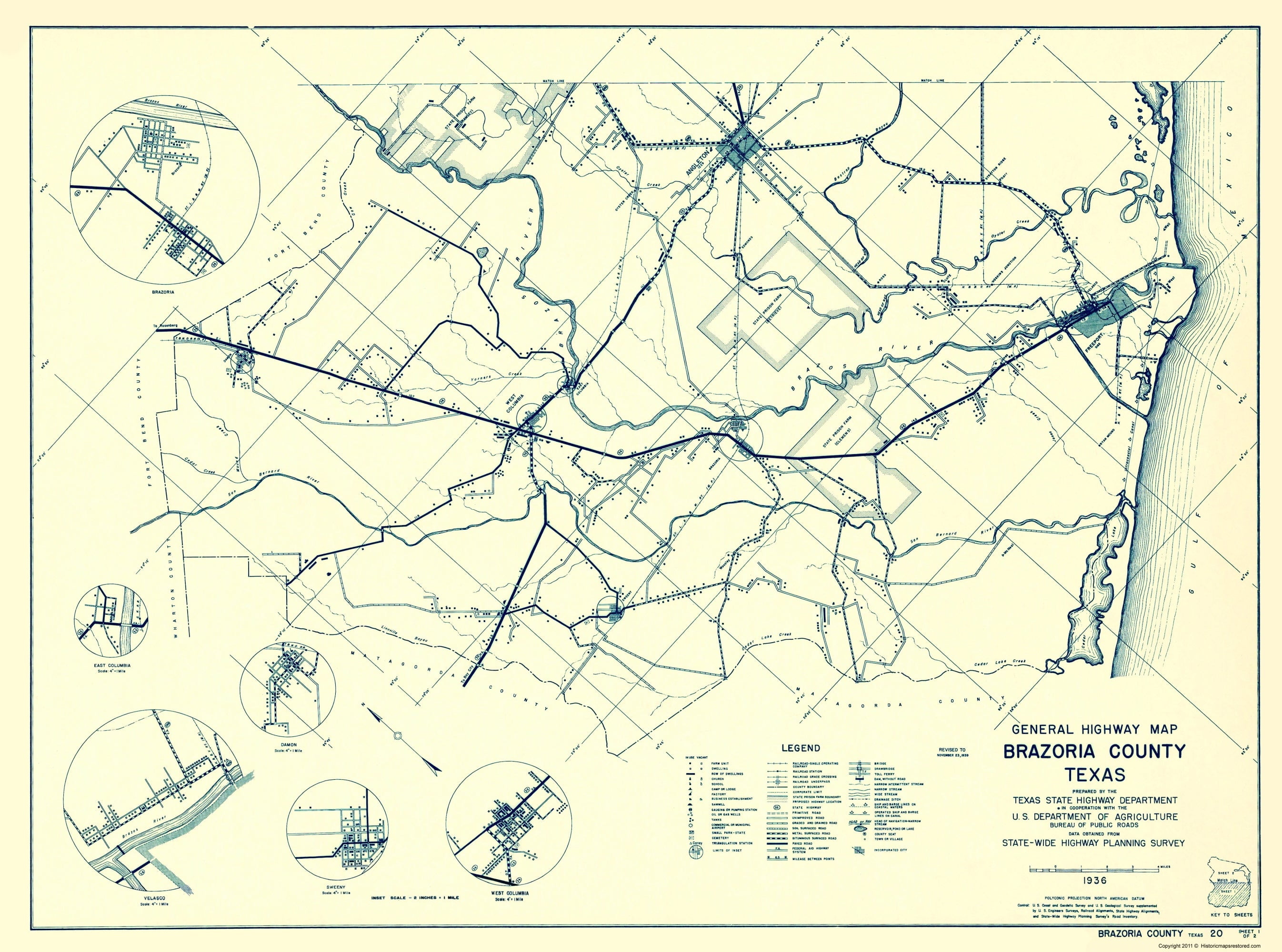 Historic County Map - Brazoria County Texas - Highway Department 1936 ...