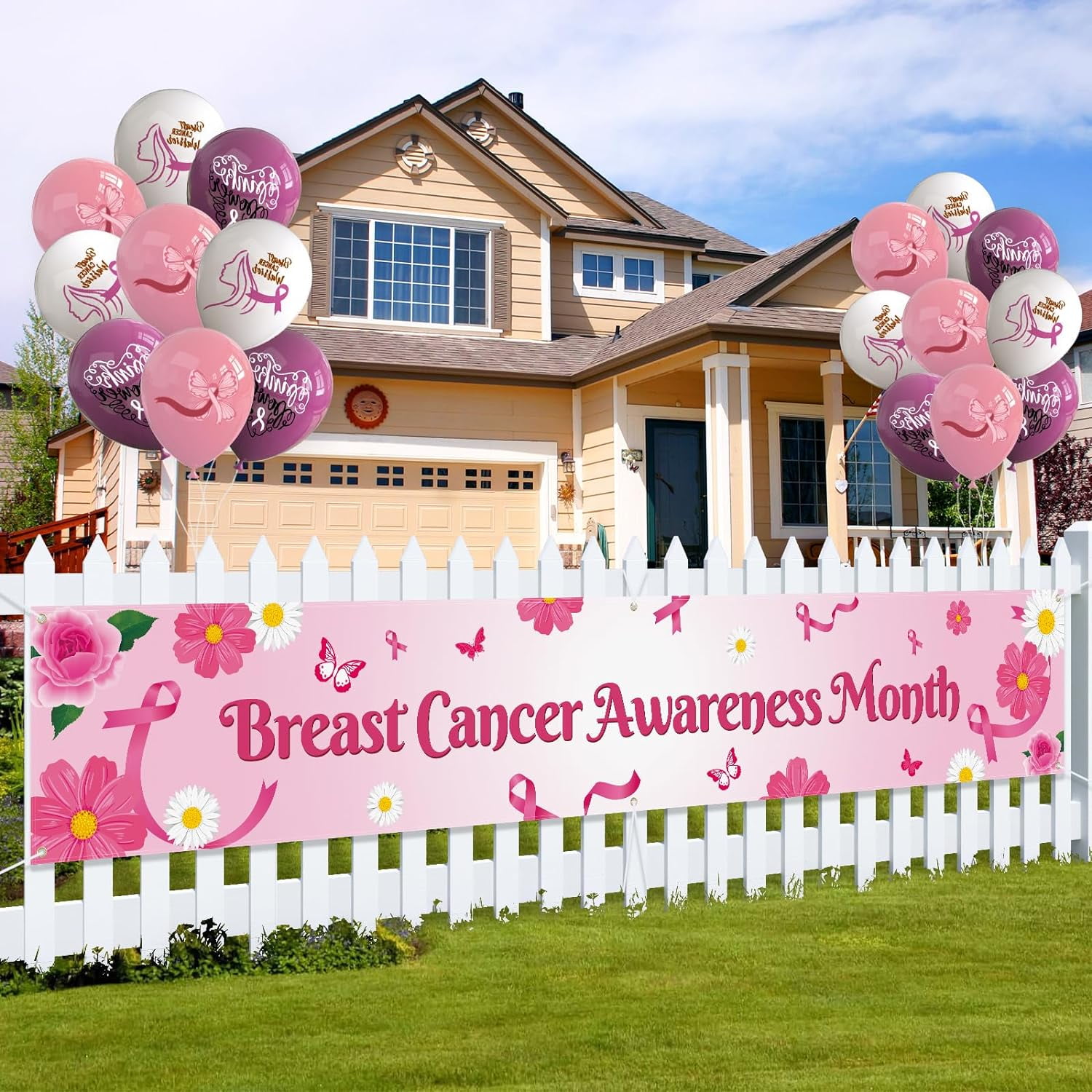 BreaCancer Awareness Month Banner 11.8 X 47.2 inch with 18pcs s Pink Ribbons Flowers Hope Faith ...