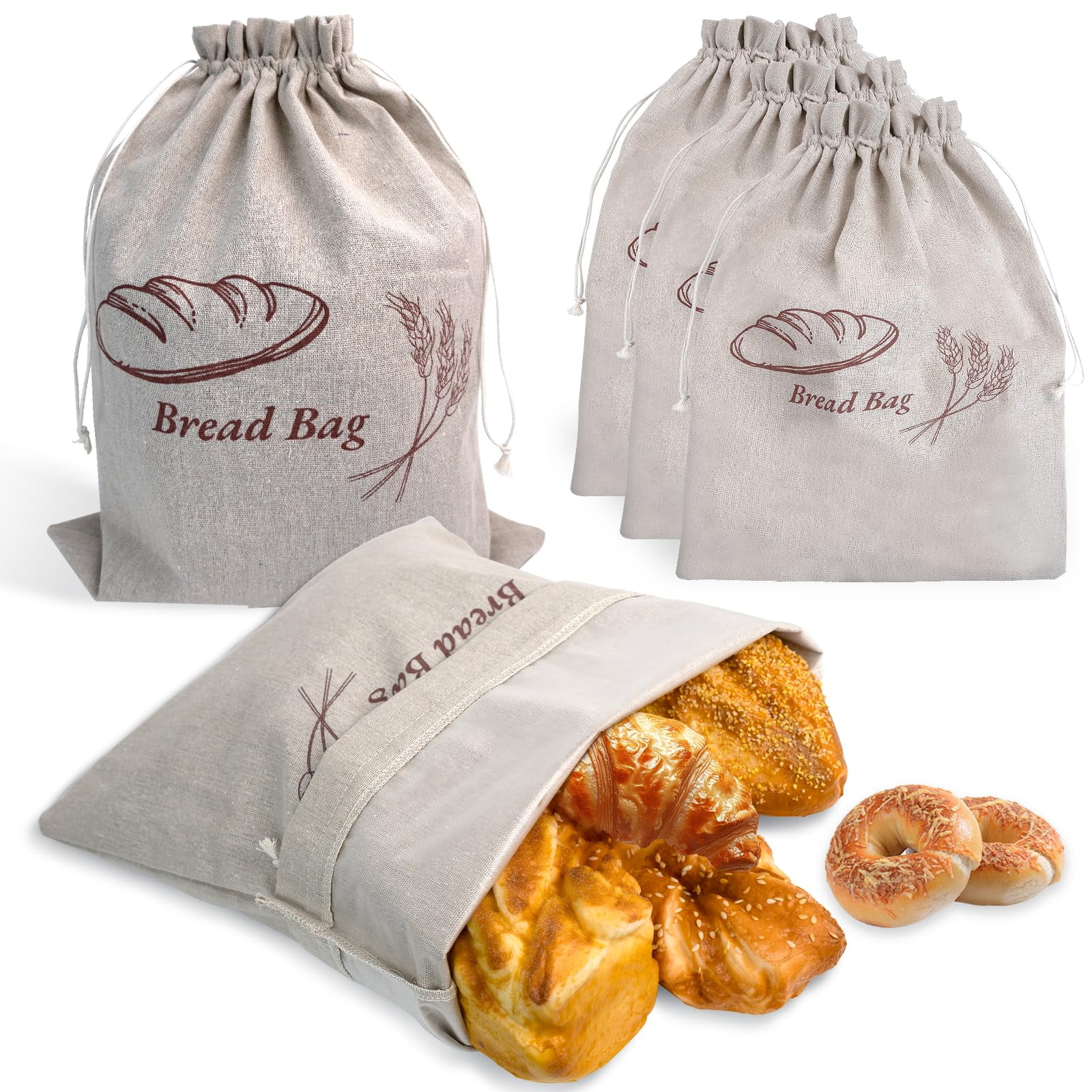 Bread Bags for Homemade with Inner Lining, 3 Pack Linen Sourdough ...