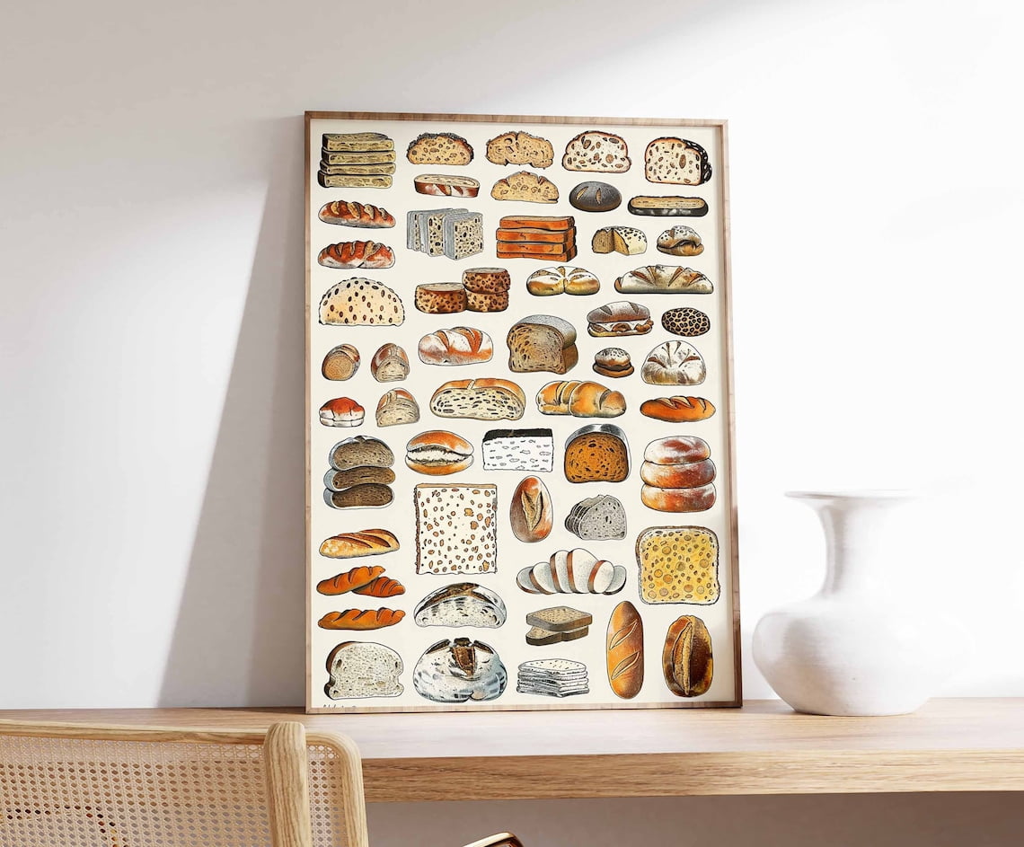 Bread Baking Art Print Bakery Kitchen Foodie Wall Decor Retro Food ...