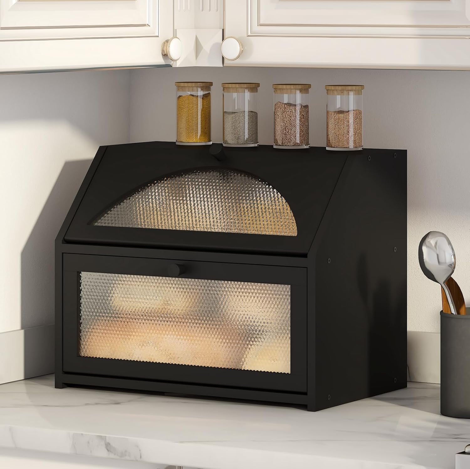 Bread Box, Bamboo Wood Bread Box for Kitchen Counter, Double-layer ...