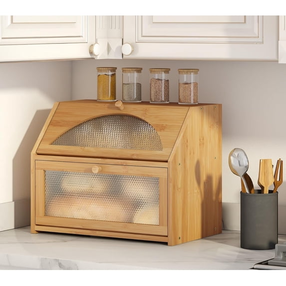 Bread Box, Bamboo Wood Bread Box for Kitchen Counter, Double-layer ...
