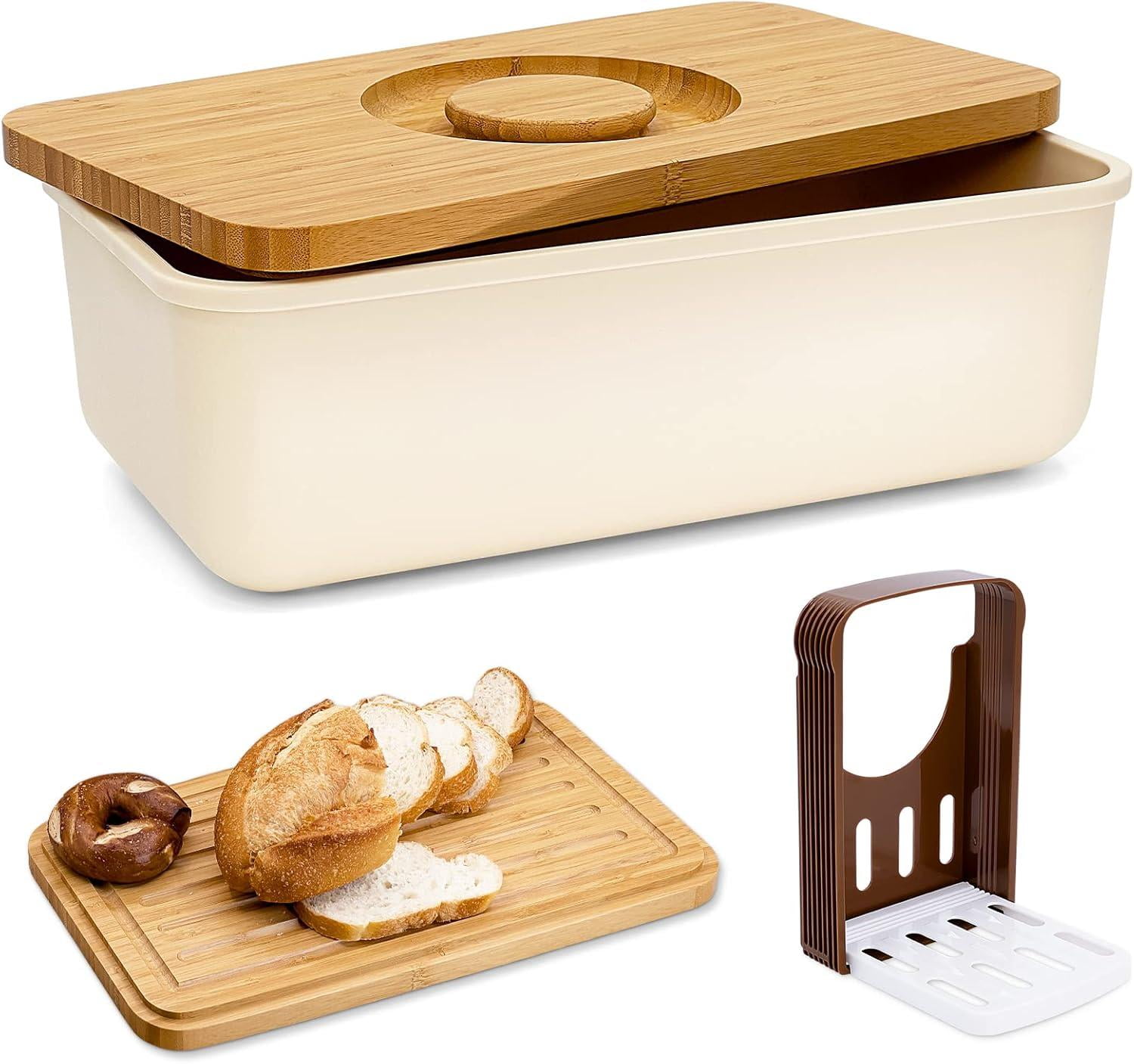 Bread Box With Bamboo Wood Cutting Board Lid & Bread Slicer Holder ...