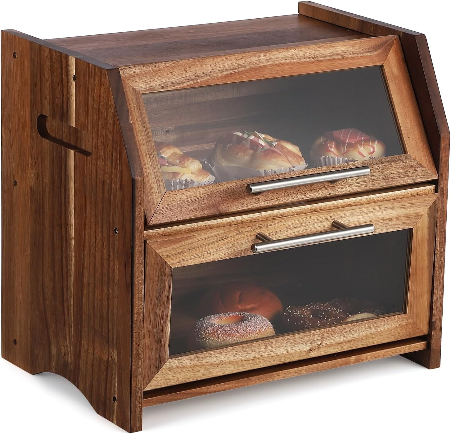 Bread Box, Double Layer Acacia Wooden Bread Bin with Clear Acrylic Door ...