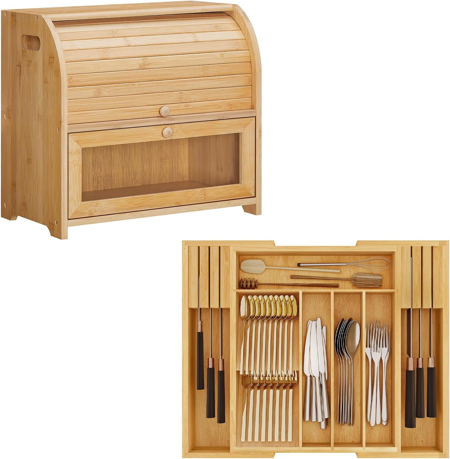 Bread Box and Drawer Organizer Bundle, 2 Tier Roll-Top Bread Bin, Food ...