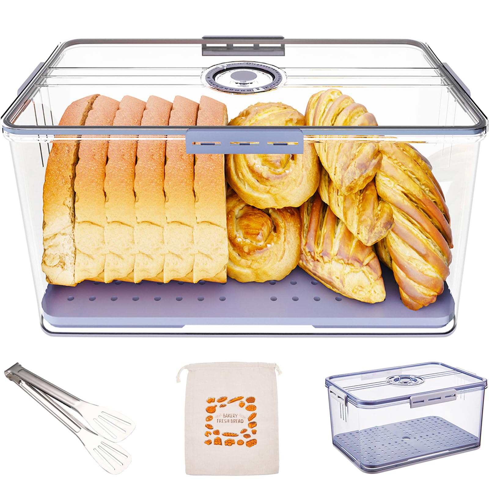 Bread Box for Kitchen Counter Airtight with Bread Tongs, Bread Storage ...