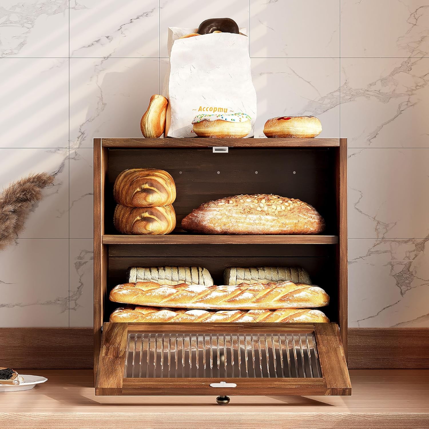 Wooden Bread Box for Kitchen , Solid Wood Large Capacity Adjustable ...