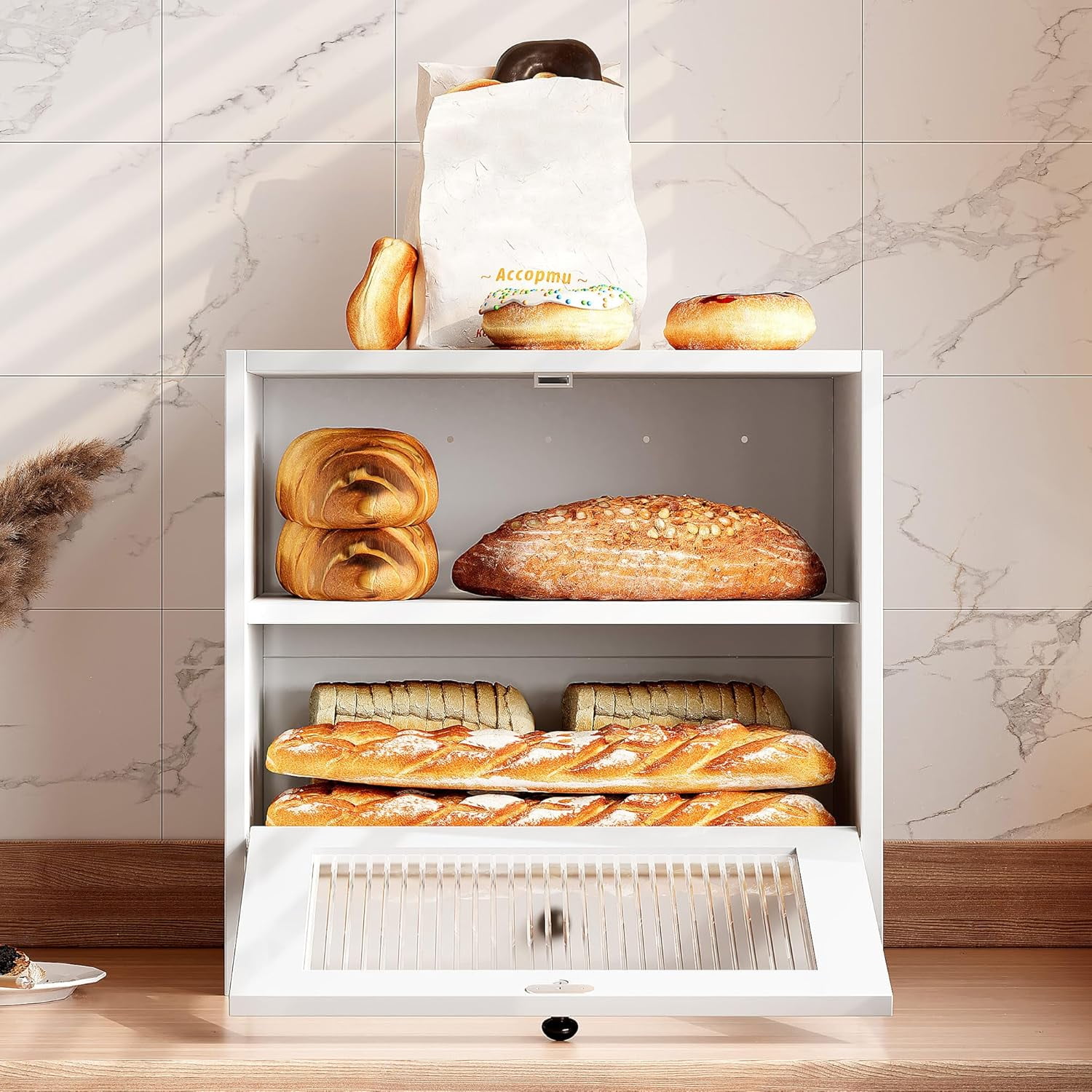 Bread Box for Kitchen Countertop 3 Layer Large Corner Wooden Bread ...
