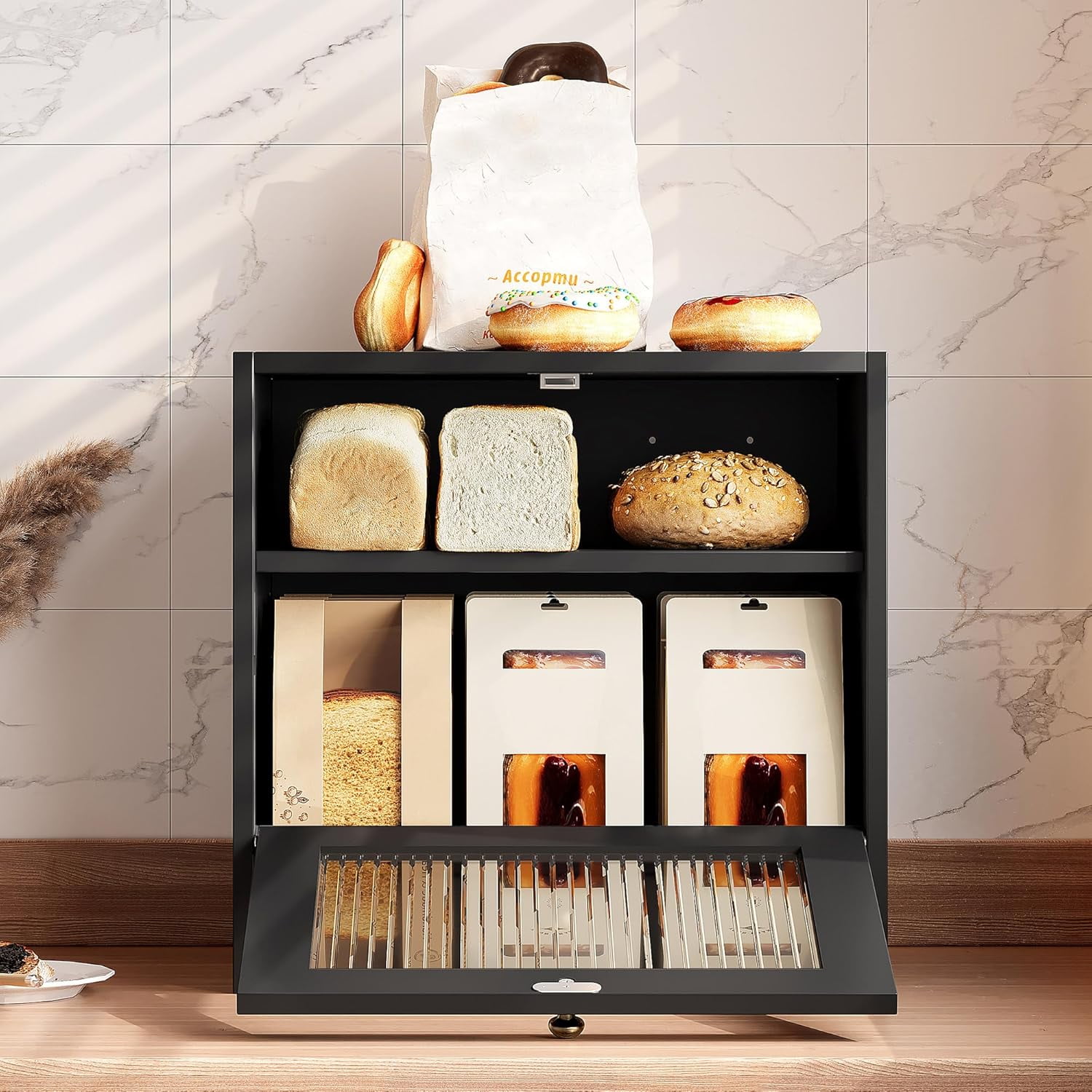 Bread Box for Kitchen Countertop 3 Layer Large Corner Wooden Bread ...