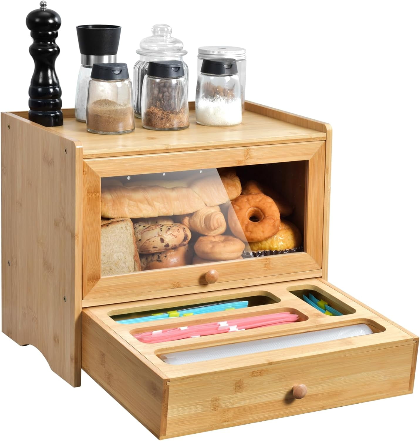 Bread Box for Kitchen Countertop,Bamboo Bread Box,Corner Bread box with ...