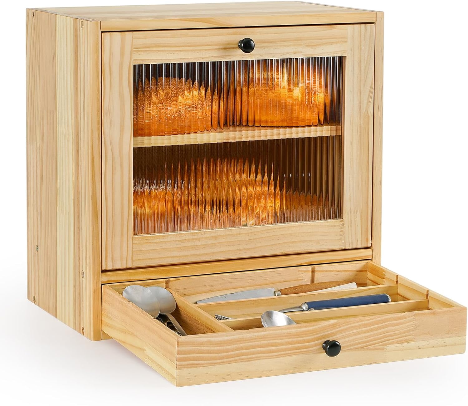 Bread Box for Kitchen Bin 2 Layer Wooden Bread Storage Breadbox Holder ...