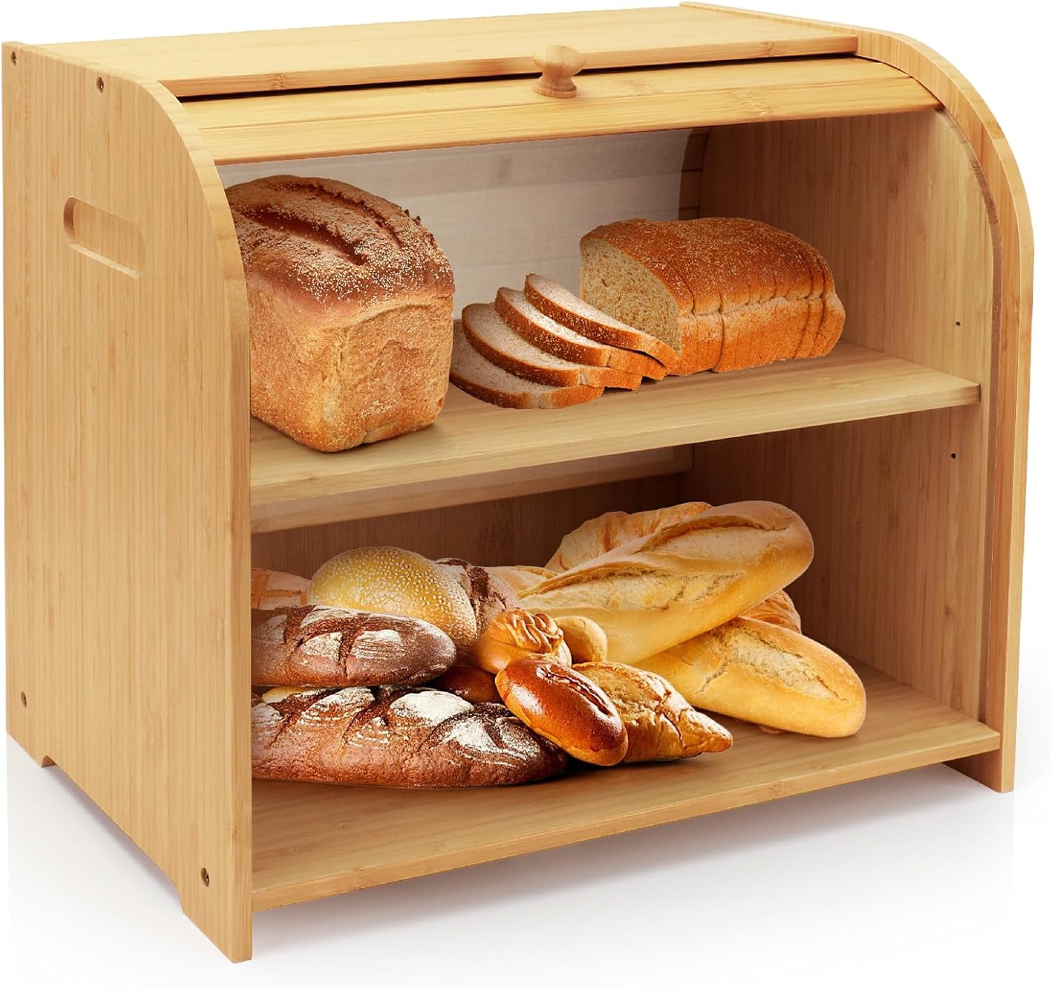 Bread Box for Kitchen Countertop, Double Layer Bamboo Bread Storage ...
