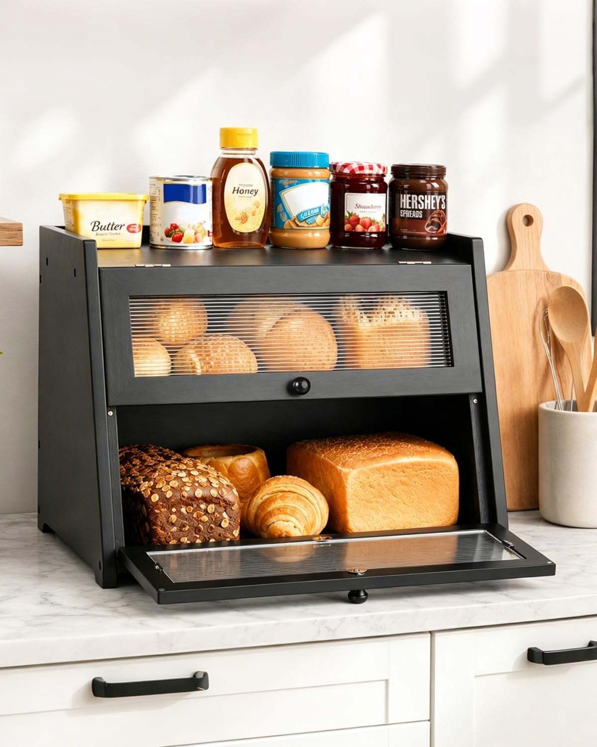 Bread Box for Kitchen Countertop - Double Layer Wooden Bread Storage ...