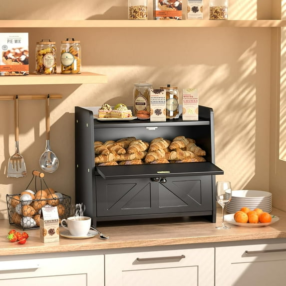 Bread Box for Kitchen Countertop, Double Layer Wooden Breadbox, Large ...