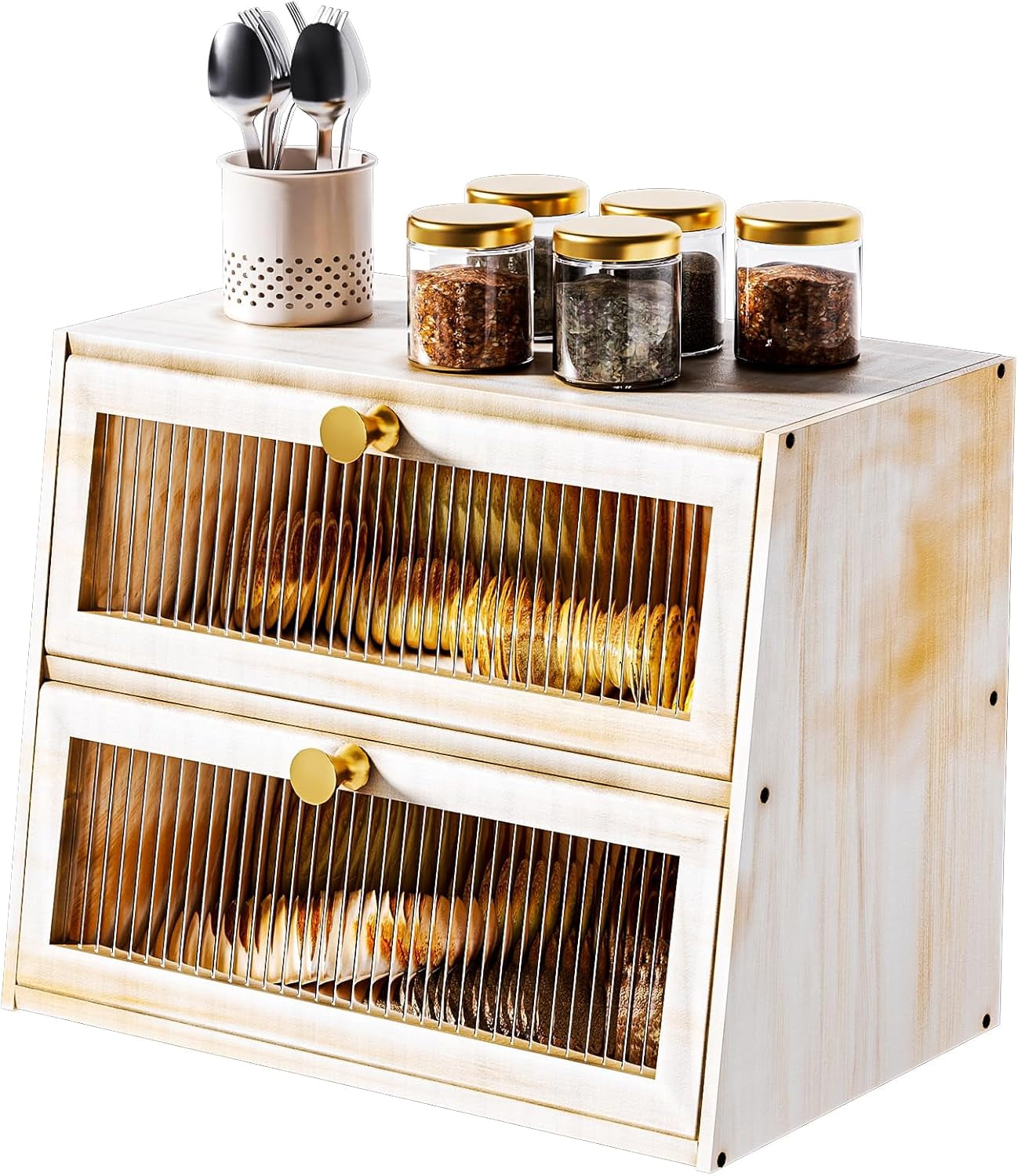 Bread Box for Kitchen Countertop,Extra Large 2 Layer Breadbox Wooden ...
