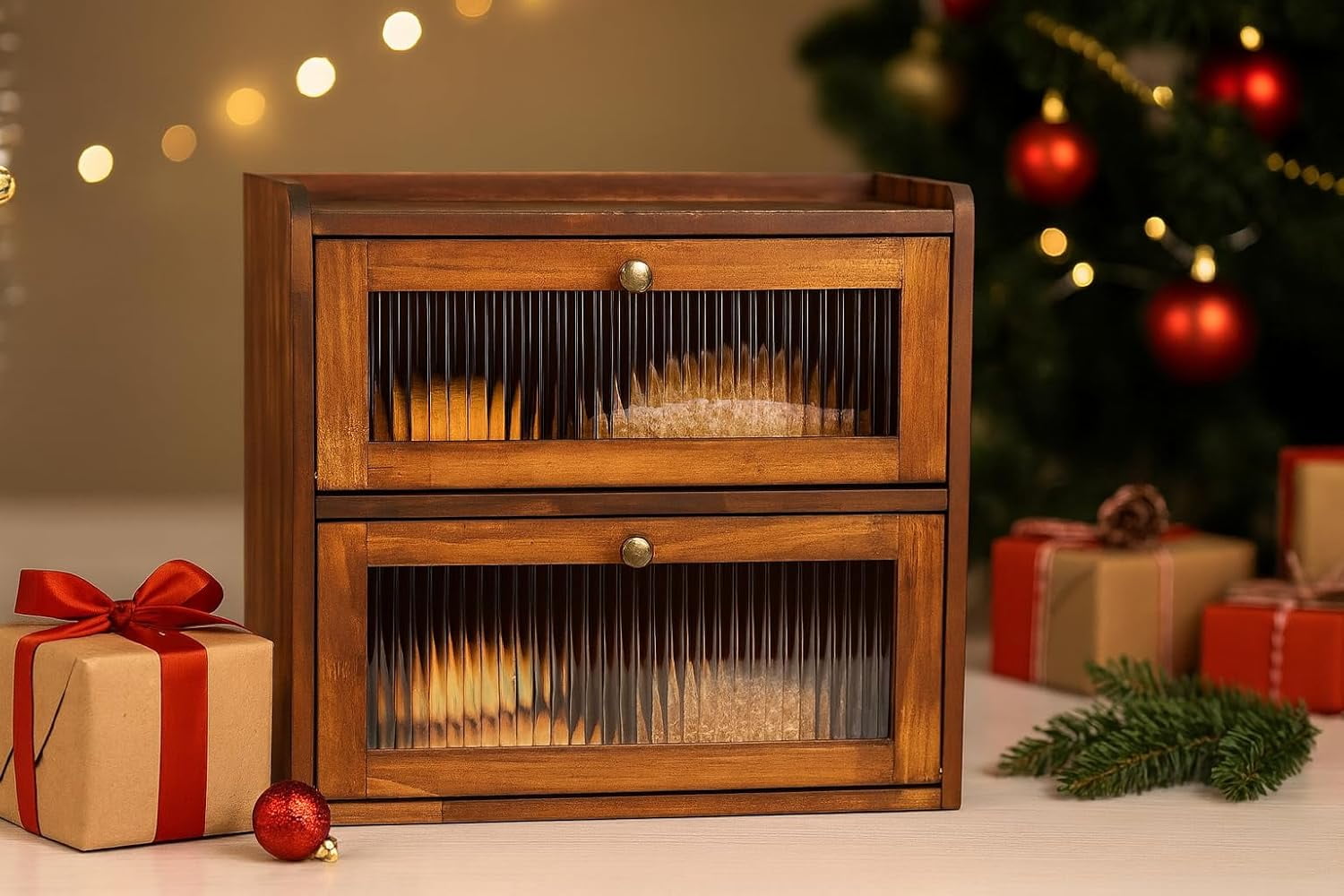 Bread Box for Kitchen Countertop Wooden Bread Storage Container Bin 2 ...