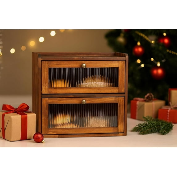 Bread Box for Kitchen Countertop Wooden Bread Storage Container Bin 2 ...