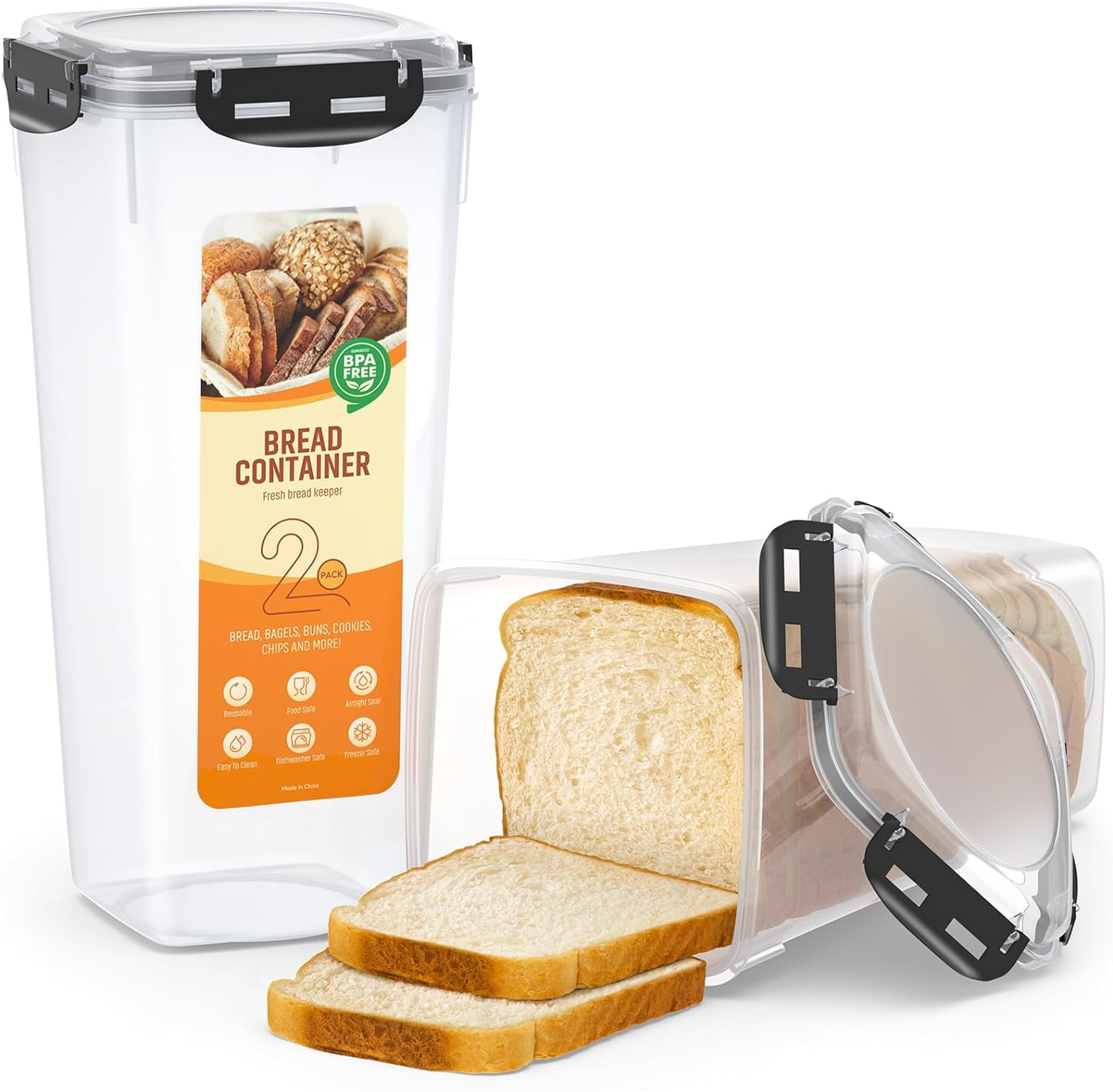 Bread Box Pack of 2 Bread Container - Fresh Bread Storage Box Plastic ...