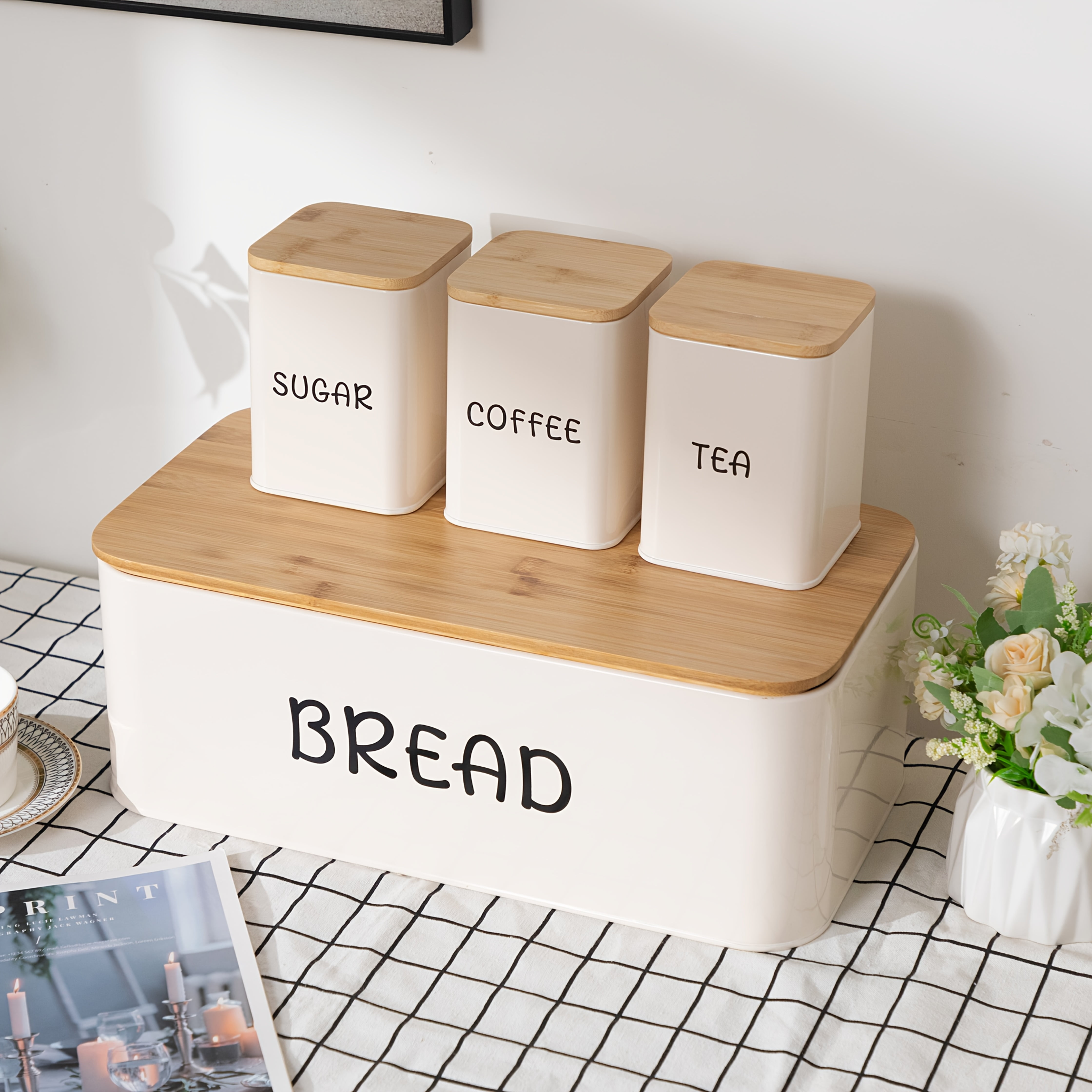 Bread Box Set (White Metal) | 3 Jars for Coffee/Sugar/Tea + Bamboo ...