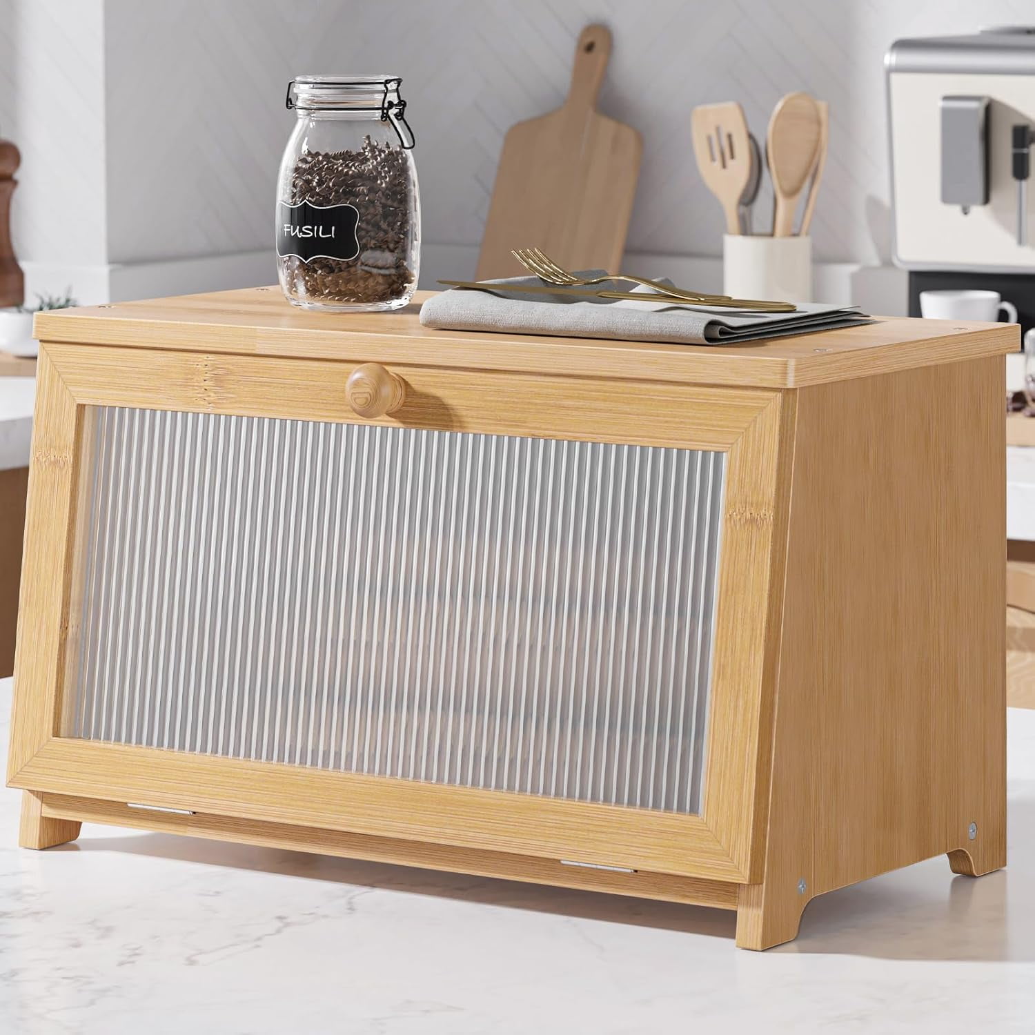 Bread Box - Wooden Bread Box for Kitchen Countertop, Large Capacity ...