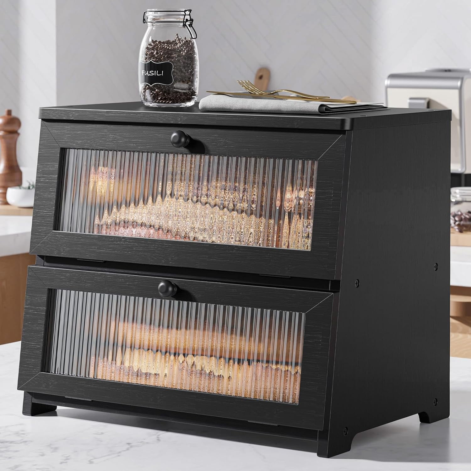 Bread Box - Wooden Bread Box for Kitchen Countertop, Large Capacity ...