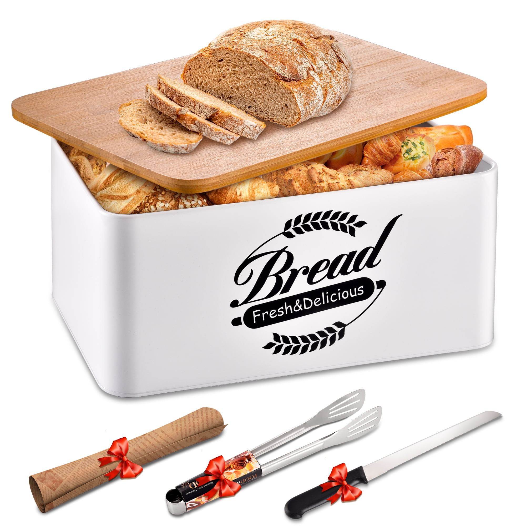 Walmart Modern Bread Box, Large Metal Storage with Bamboo Lid, White ...