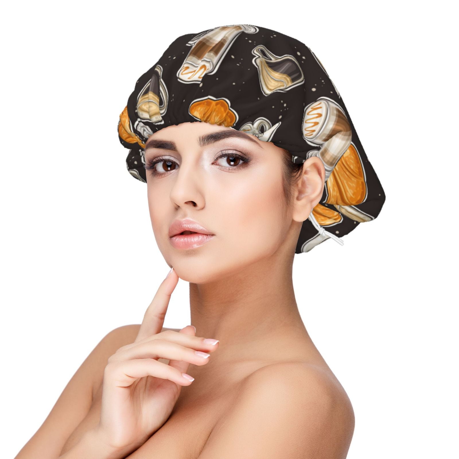 Bread & Coffee Print Black Silk Bonnet for Sleeping Women Men ...