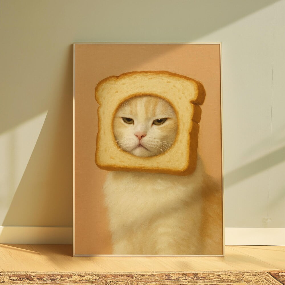 Bread Face Cat Art Print, Funny Cat Portrait, Cat Art Print, Funny Cat ...