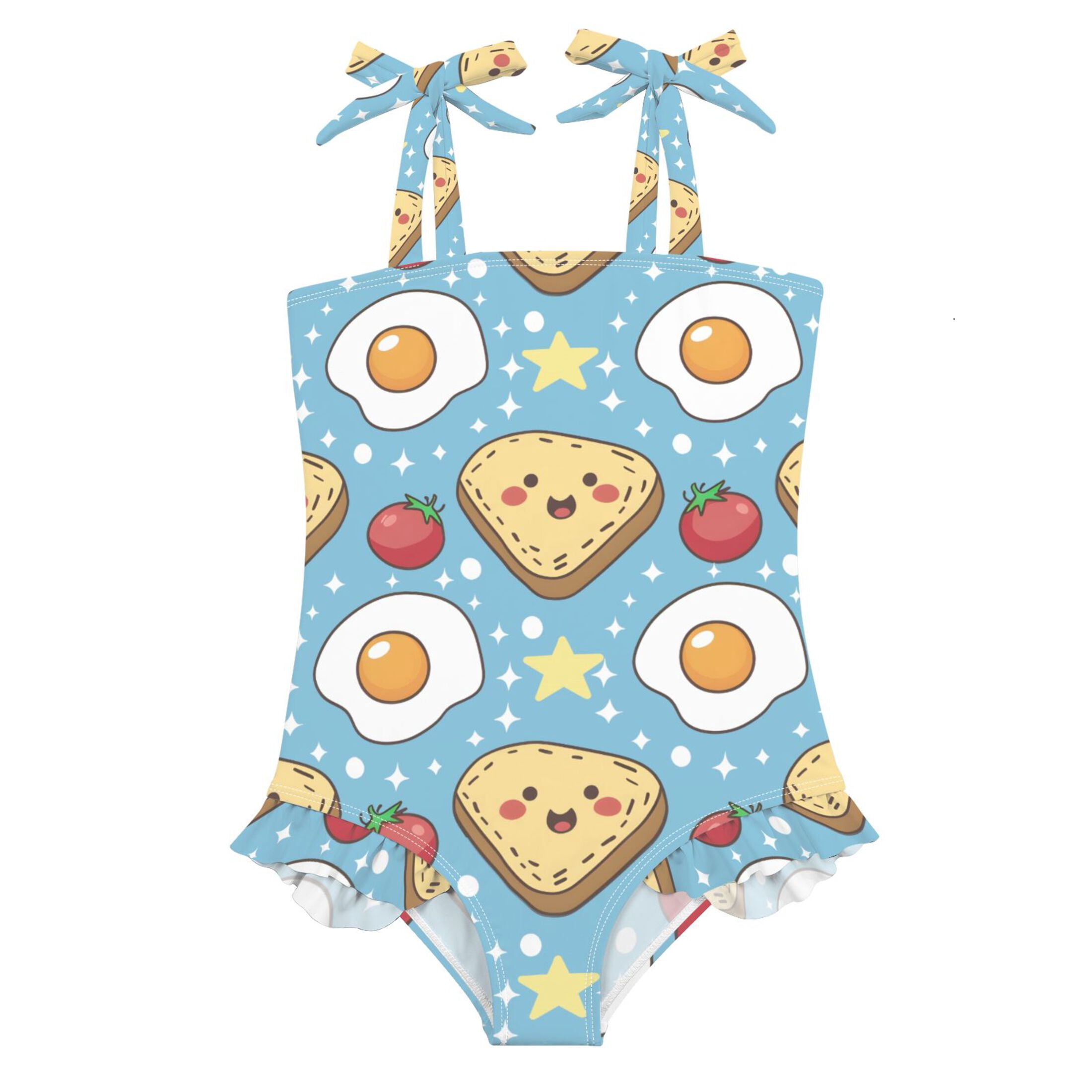 Bread Fried Egg Pattern Girls' One-Piece Swimsuit Bowknot Tie Shoulder ...