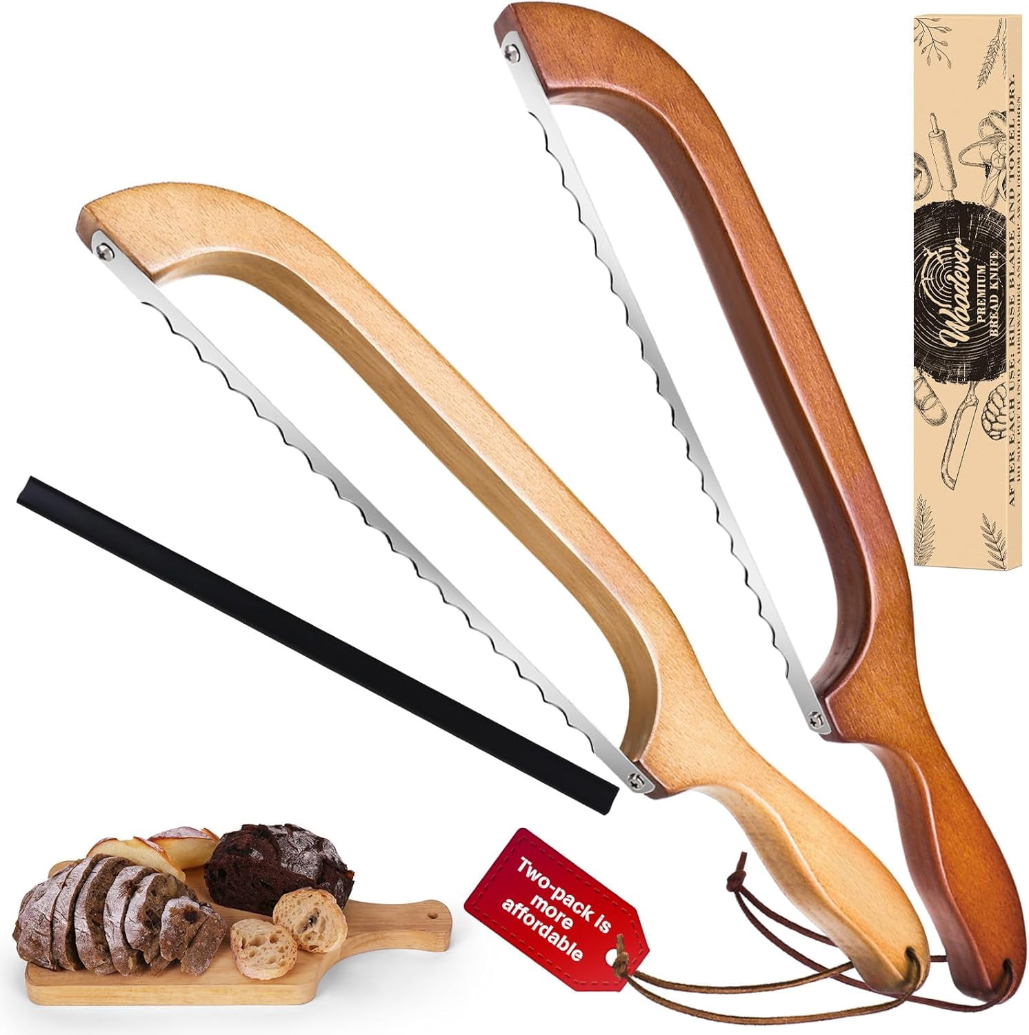 Bread Knife, 2 Pack Bread Slicer for Homemade Bread, 16'' Wooden ...