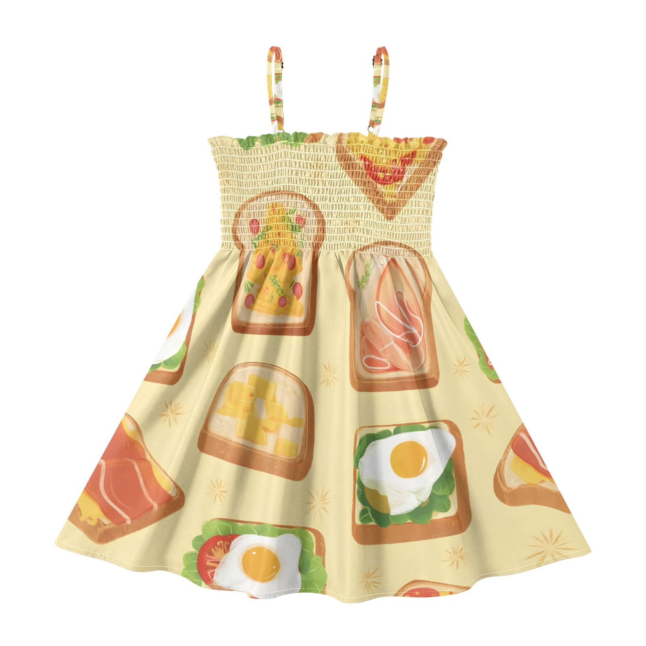 Bread Meat Eggs Pattern Girls' Casual Dresses 2Y-8Y Sleeveless Ruffle ...