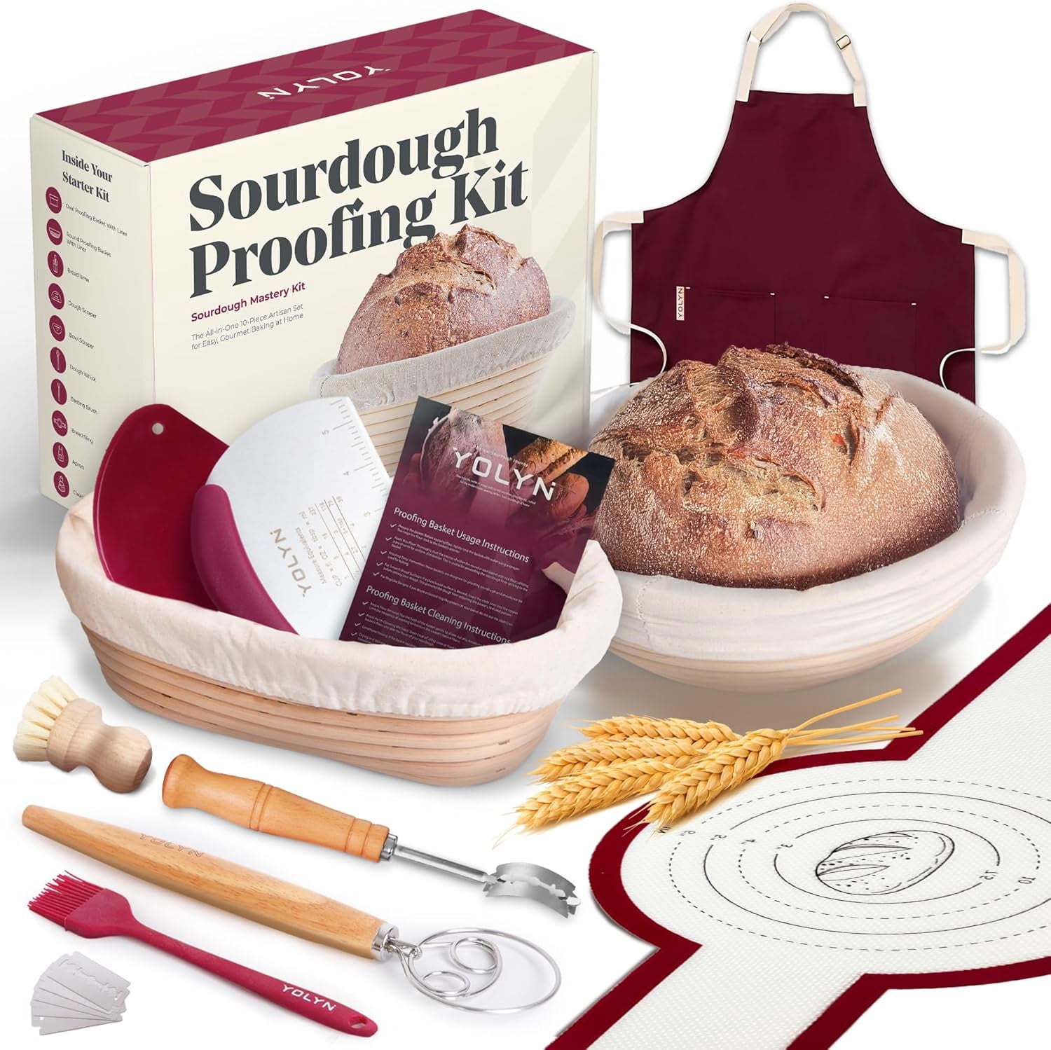 Bread Proofing Basket Set - Complete Sourdough Starter kit with Bread ...