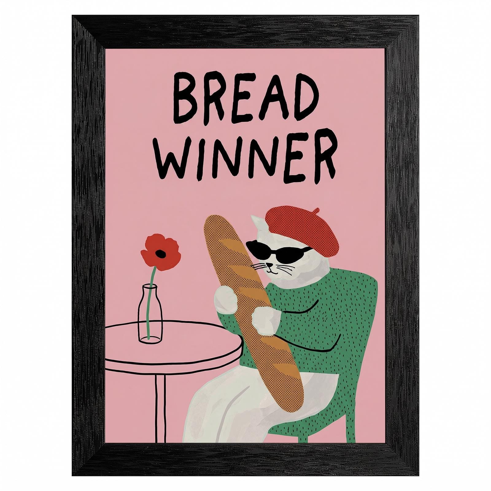 Bread Winner Funny Cat, Minimalist Illustration, Whimsical Cat Baguette ...