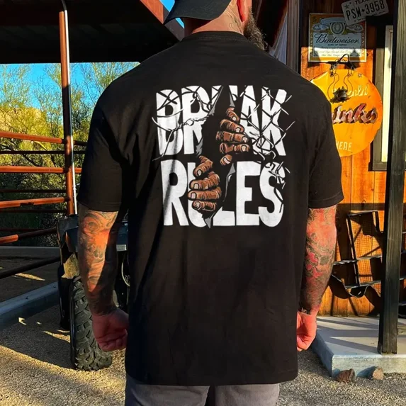 Break Rules Ripped Hands Graphic T-Shirt - Edgy Biker Gym Streetwear ...