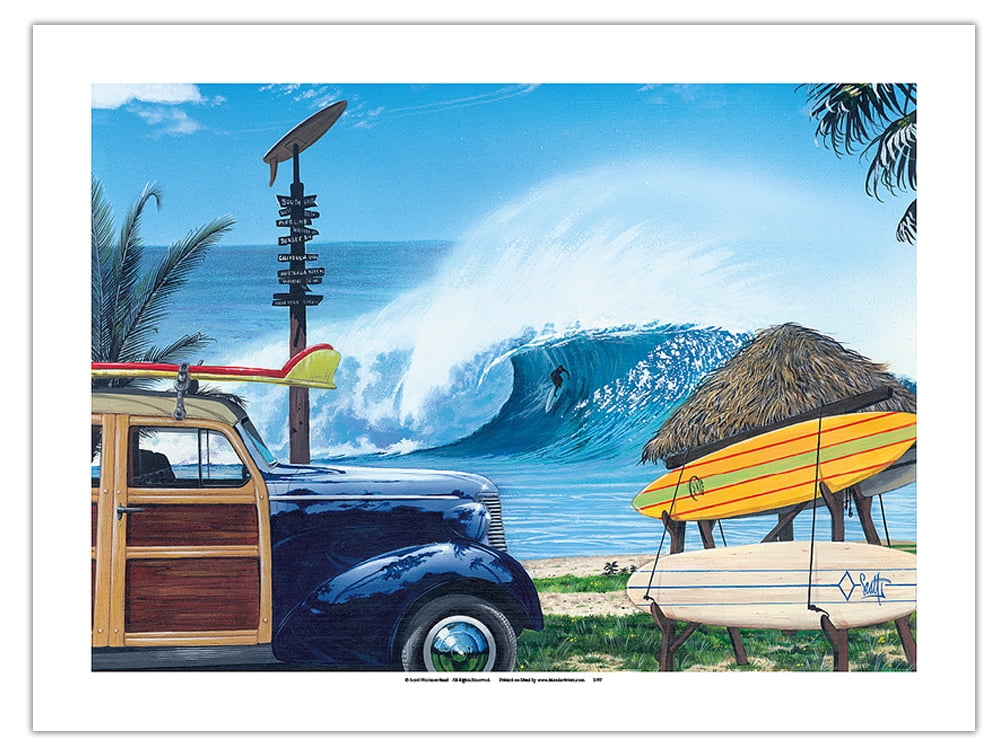 Break Time - Retro Woodie on Beach with Surfboards - Big Wave Surfer ...