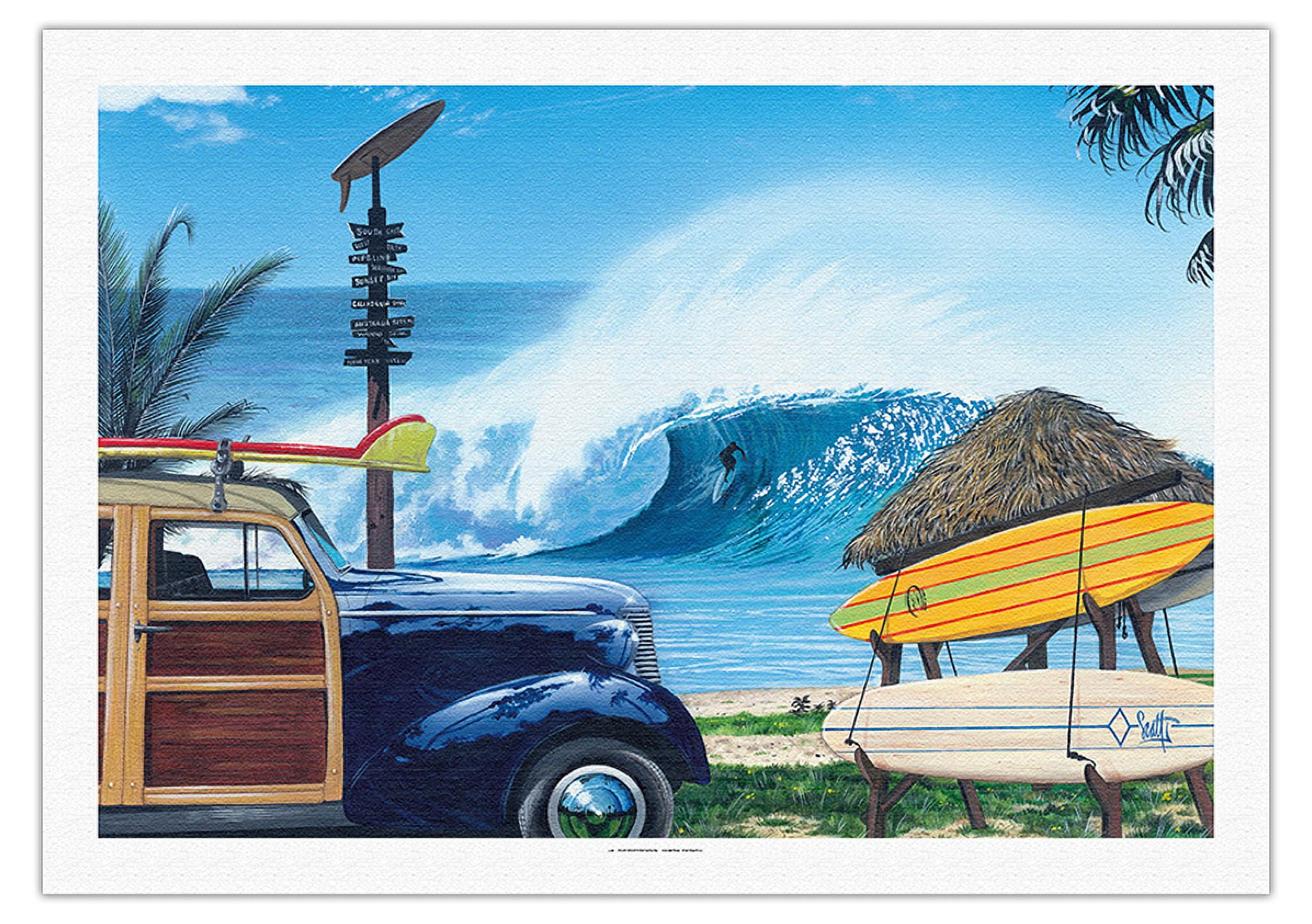 Break Time - Retro Woodie on Beach with Surfboards - Big Wave Surfer ...
