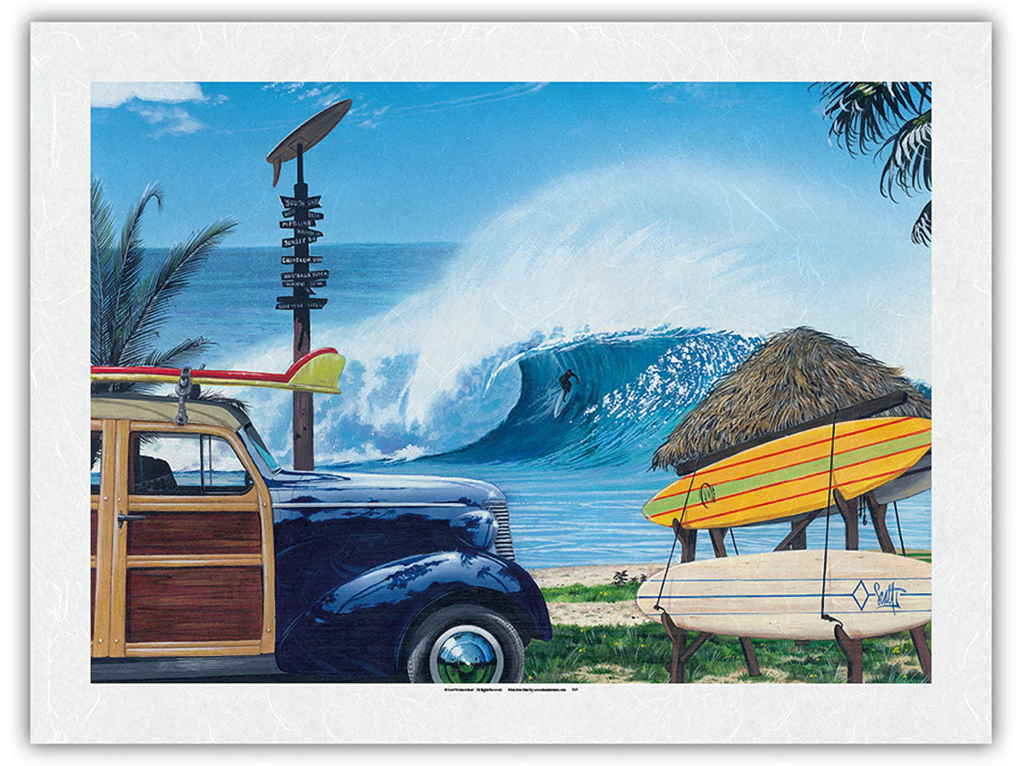Break Time - Retro Woodie on Beach with Surfboards - Big Wave Surfer ...